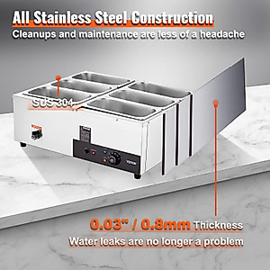 VEVOR 6-Pan Commercial Food Warmer, 6 x 8QT Electric Steam Table, 1500W Professional Countertop Stainless Steel Buffet Bain Marie with 86-185°F Temp Control for Catering and Restaurants,