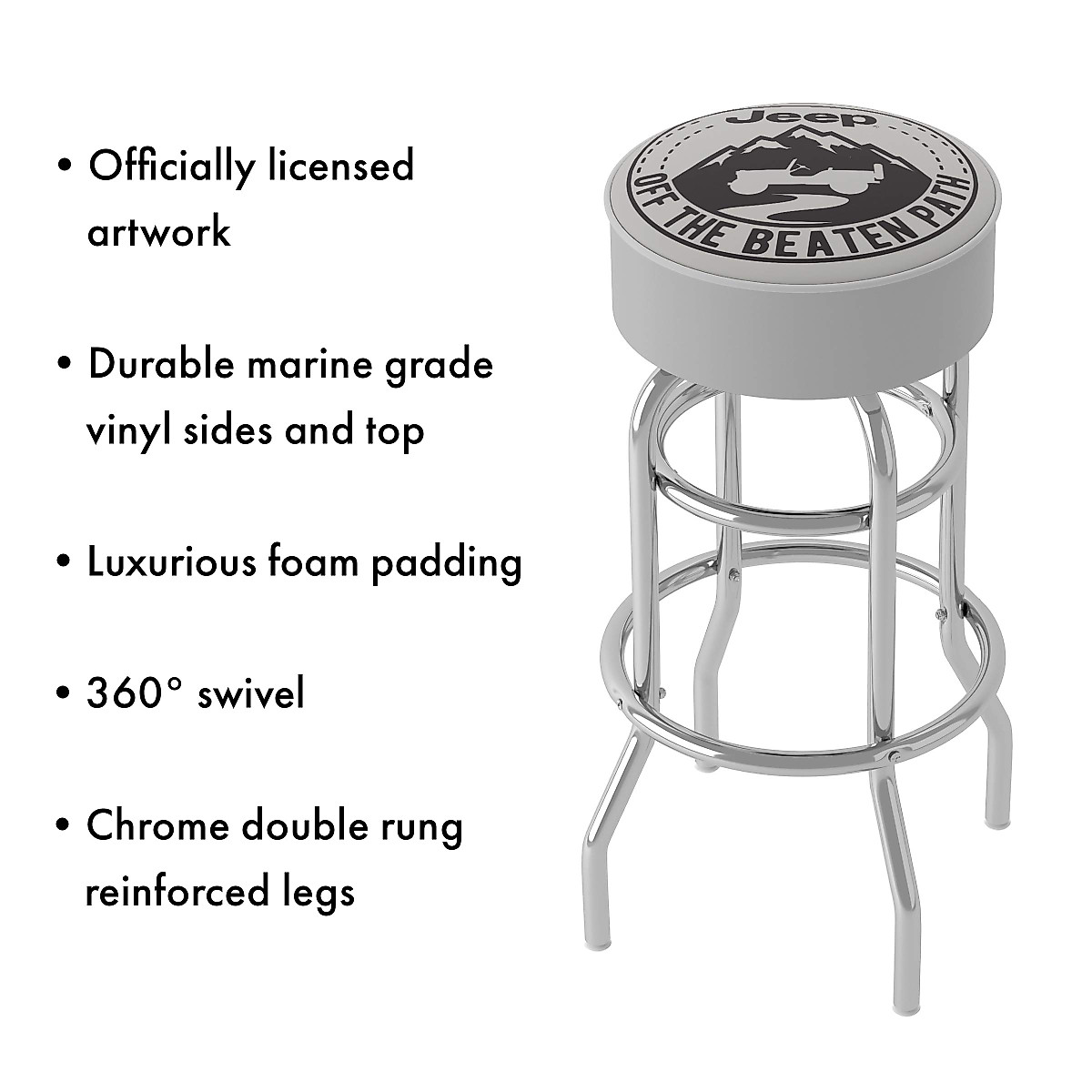 Trademark Global Jeep Black Mountain 360 Degree Swivel Barstool with Foam Padded Seat, Chrome Double Rung Base