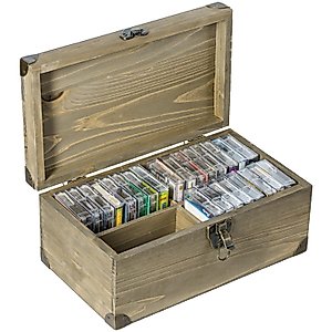 MyGift Vintage Gray Brown Wood Retro Audio Cassette Tape Storage Box with Antique Brass Tone Metal Latch and Brackets, 4 Compartments Hold up to 32 Tapes