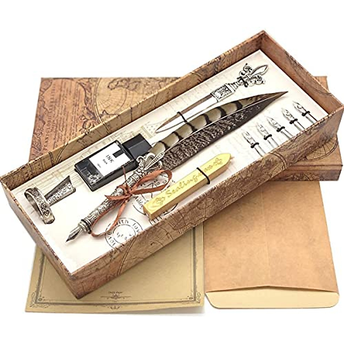 SCHOWE Antique Two-Color Feather Pen Quill Pen Dip Pen With Envelope Writing Paper Calligraphy Pen and Ink Set(pheasant)