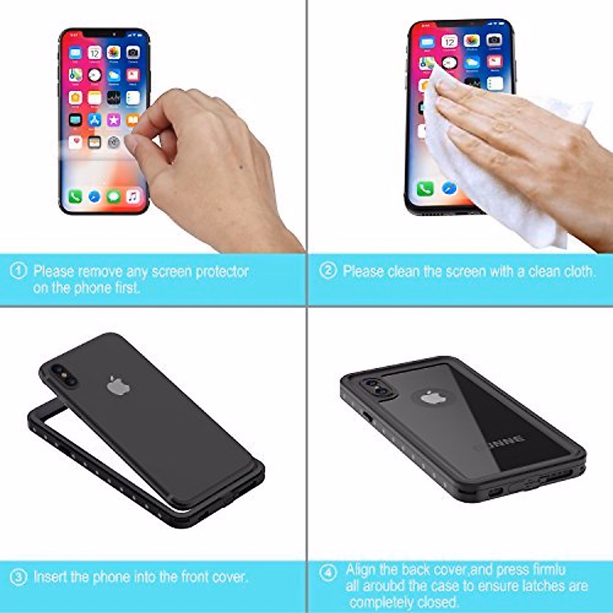 OUNNE iPhone X/Xs Waterproof Case, Underwater Full Sealed Cover Snowproof Shockproof Dirtproof IP68 Certified Waterproof Case with Built-in Screen Protector for iPhone X/Xs