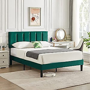 VECELO Full Bed Frames, Upholstered Platform Bedframe, Adjustable Headboard, Wood Slat Support, No Box Spring Needed, Easy Assembly, Dark Green