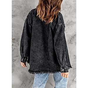 Dokotoo Women's Casual Boyfriend Oversized Lapel Button Up Long Sleeve Denim Trucker Jacket Distressed Ripped Denim Jackets Fray Hem Tassels Jean Jacket for Women with Pockets, (US 8-10) M,Black