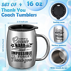 Vesici 4 Pcs Coach Appreciation Gifts 16 oz Insulated Travel Coach Mug Stainless Steel Coffee Tumbler Double Wall Cup for Men Women Soccer Football Basketball Thank You Gifts(Silver)