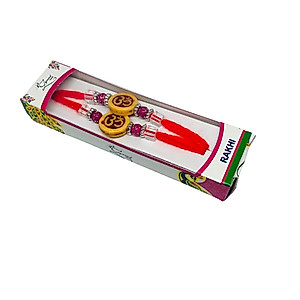 JAGMOR Om Written Pendant & Pink Beads Rakhi for Brother, Handmade Rakhi, Rakhee Bracelet for Brother, Rakhi for Bhai, Rakhi Bracelet for Sister, Bhaiya Bhabhi Rakhi, Indian Rakhi, Set of 2 rakhi