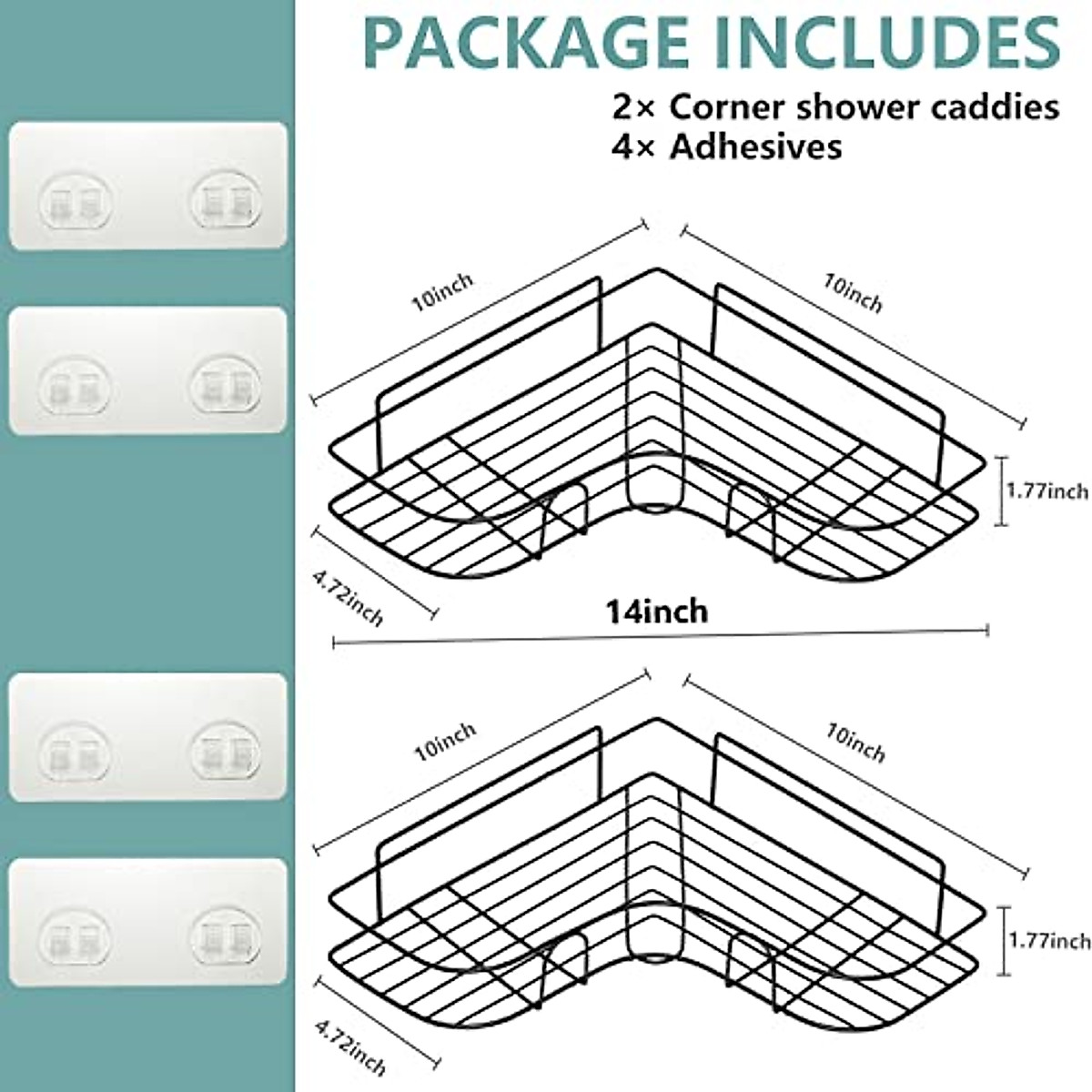 REFFU Corner Shower Caddy, 2 pack Adhesive Shower Organizer No Drilling, Rustproof Stainless-Steel Bathroom Shower Organizer Rack, Shower Storage for 90° Wall