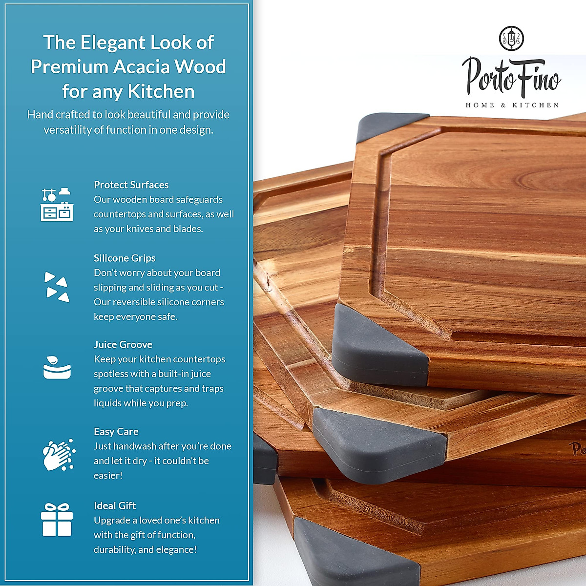 PortoFino Wood Cutting Board - Wooden Cutting Boards for Kitchen - Chopping Board - Cheese Board - Charcuterie Board - Acacia Wood Cutting Board - Non Slip Cutting Board - Tablas Para Picar Cocina