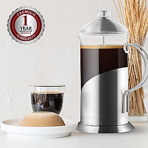 OVENTE French Press Coffee Maker 34 Ounce, 4 Level Stainless Steel Filter System, Borosilicate Heat Resistant Glass Carafe with Free Measuring Scoop, Silver FSL34S