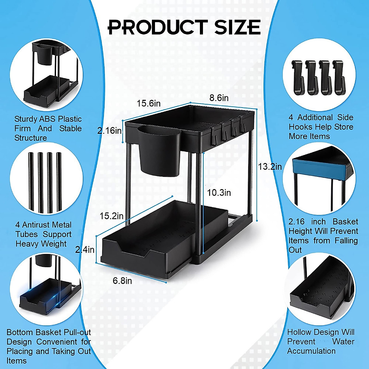 2 Pack Under Sink Organizers and Storage,Multi-purpose Storage Rack For Kitchen Bathroom Under Sink With 4 Hooks and A Hanging Cup, 2 Tier Under Sink Organizers with Sliding Bottom Basket,Black