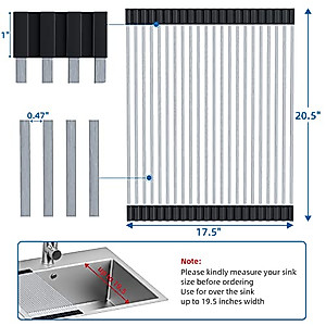 Roll Up Dish Drying Rack Multipurpose Over The Sink Dish Rack, Extra Large Roll-up Kitchen Sink Plate Drying Rack, Foldable Stainless Steel Dish Drainer, Portable Sink Drying Rack (20.5'' x 17.5'')