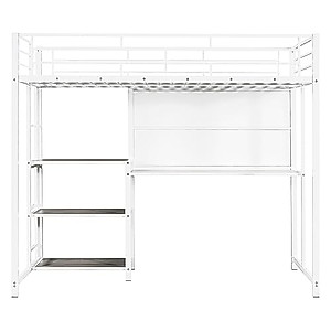 Tensun Metal Twin Size Loft Bed Frame with Desk and Whiteboard,3 Shelves and Ladder for Bedroom for Boys Girls Adult,Space-Saving/Noise Free/No Box Spring Needed - White