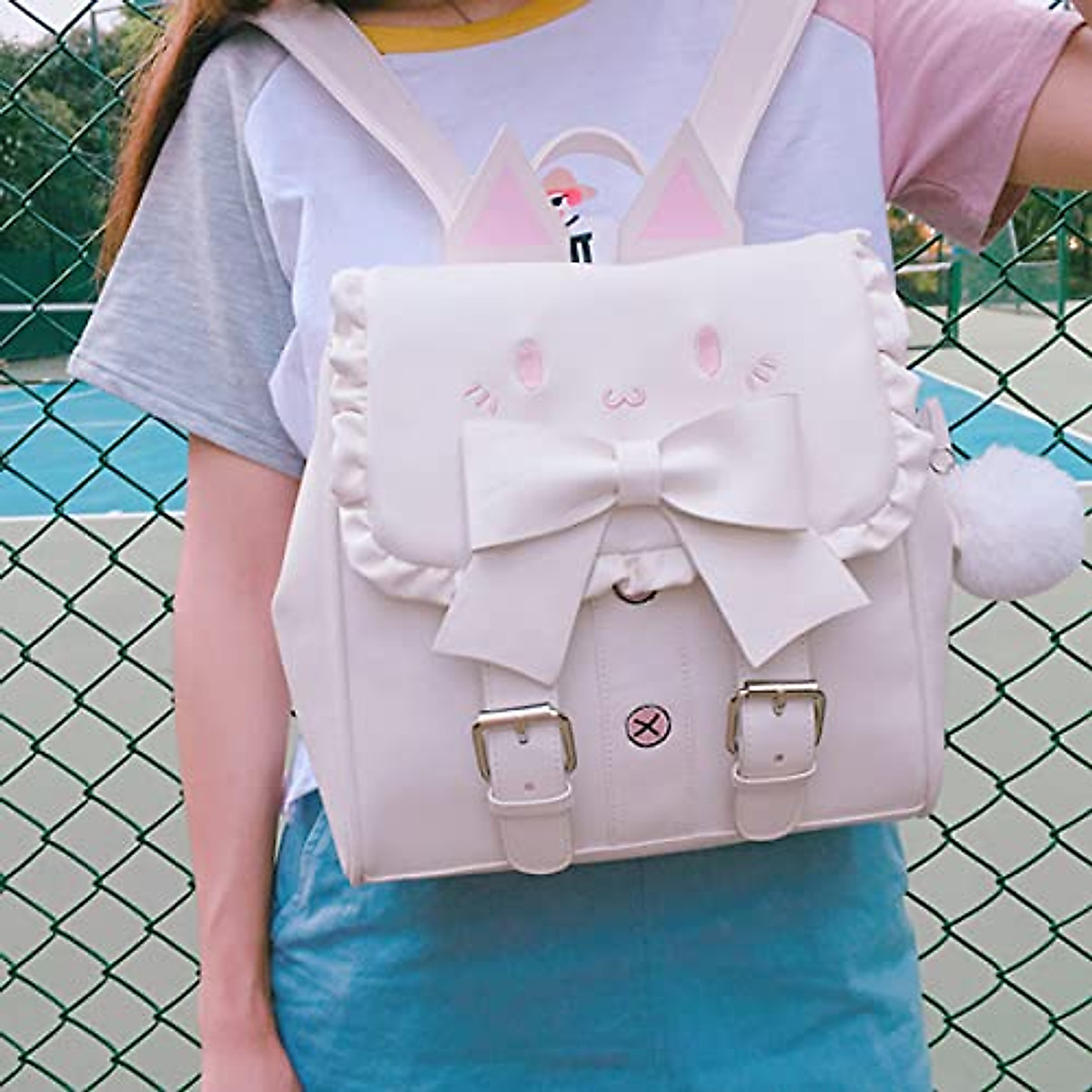 Aiyinuo Lolita Casual Backpack Kawaii Cartoon Cat Embroidery Travel Mochila Big Bowknot Sweet Daypack Schoolbag Campus Bookbag College Bag (White)