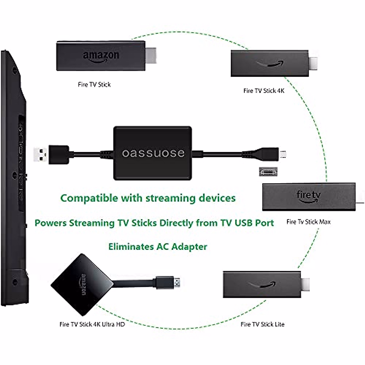 Oassuose USB Power Cable Adapter for Fire TV Stick,Powers Streaming TV Sticks Directly from TV USB Port(Eliminates AC Adapter and Very Long Power Cable)