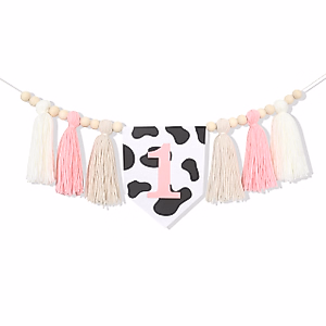 Holy Cow 1st Tassels Banner Birthday Decorations Girl - First Highchair Tassels Banner, High Chair Tassels Wood Beads Garland Party Supplies, Pink Black White, Photo Props, Handmade