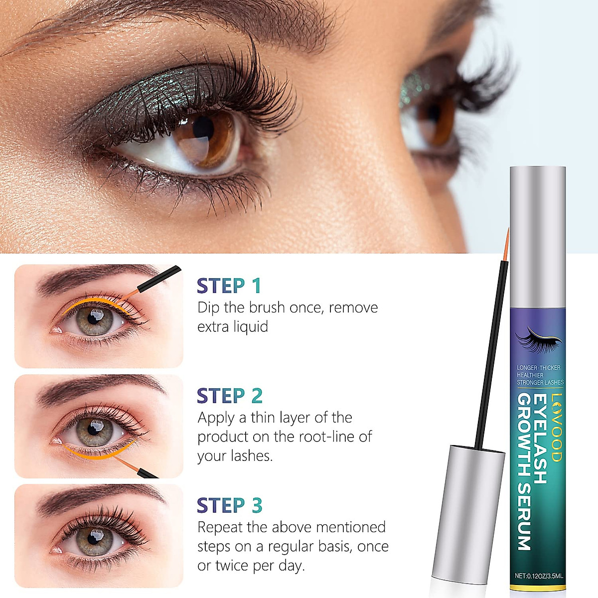 LOVOOD Premium Eyelash Growth Serum Booster, Lash & Eyebrow Enhancer Serum with Biotin & Natural Growth Peptides, Promotes Long Thick Lashes and Brows Irritation Free