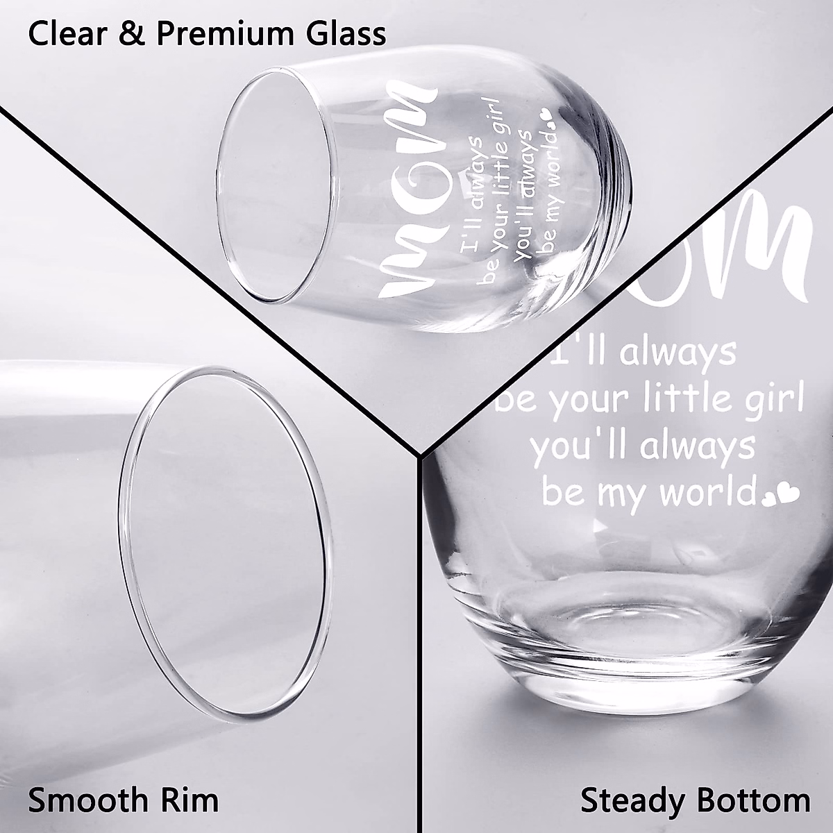 Futtumy Gifts for Mom from Daughter, Mom I’ll Always Be Your Little Girl You'll Always Be My World Stemless Wine Glass, Mothers day Gift Christmas Gift Birthday Gift for Mom Mother Her Stepmom, 17Oz