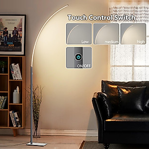 Modern 63" Arc Floor Lamp - Brushed Sliver Standing Lamp for Living Room and Bedroom, Touch Control 3000K Warm Light and 3-Way Dimmable Brightness Grey Lamp, Unique LED Corner Floor Lamp for Couch
