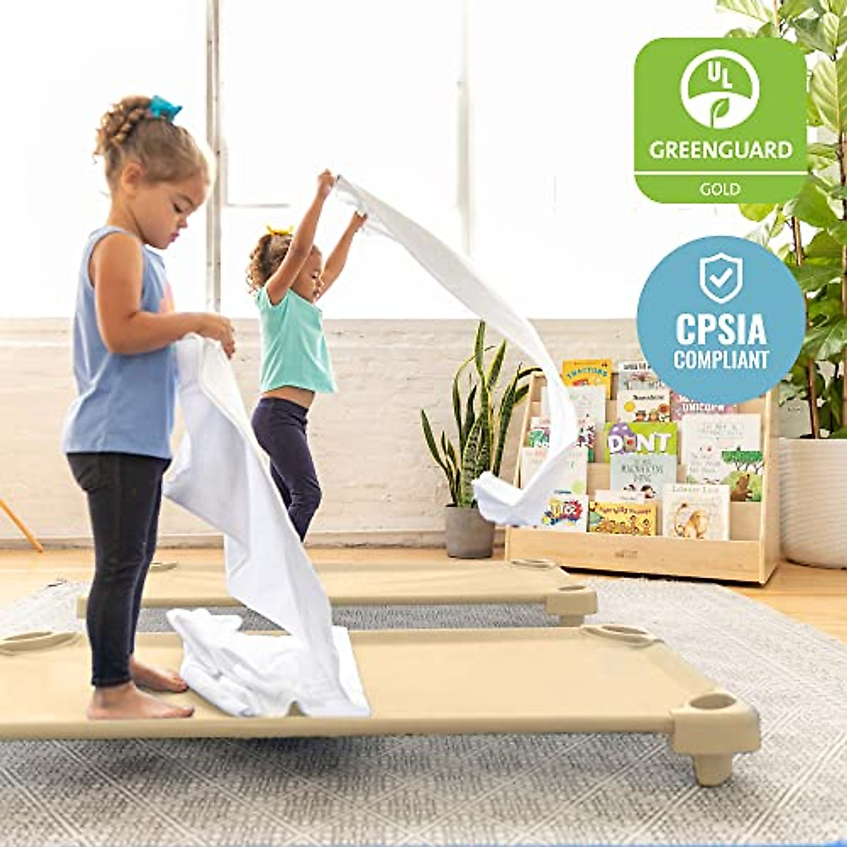 ECR4Kids Stackable Kiddie Cot, Standard Size, Classroom Furniture, Sand, 6-Pack