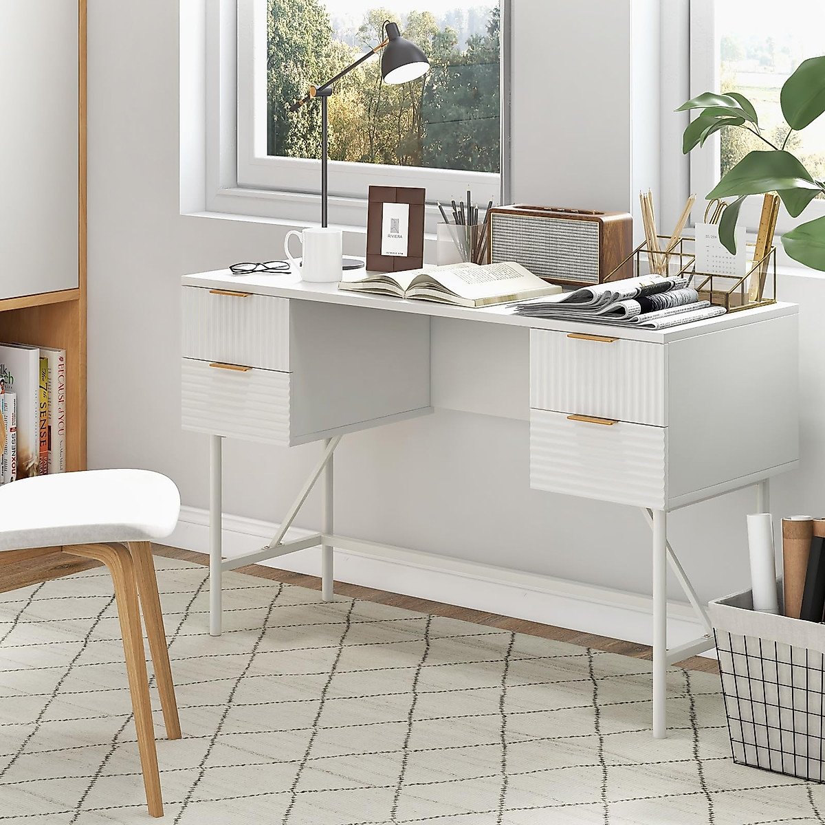 Giantex Modern Desk with 4 Drawers, 48 Inch Computer Desk with Storage, Heavy-Duty Gold Metal Frame, Makeup Vanity Dressing Table, White and Gold Desk for Bedroom Study Home Office