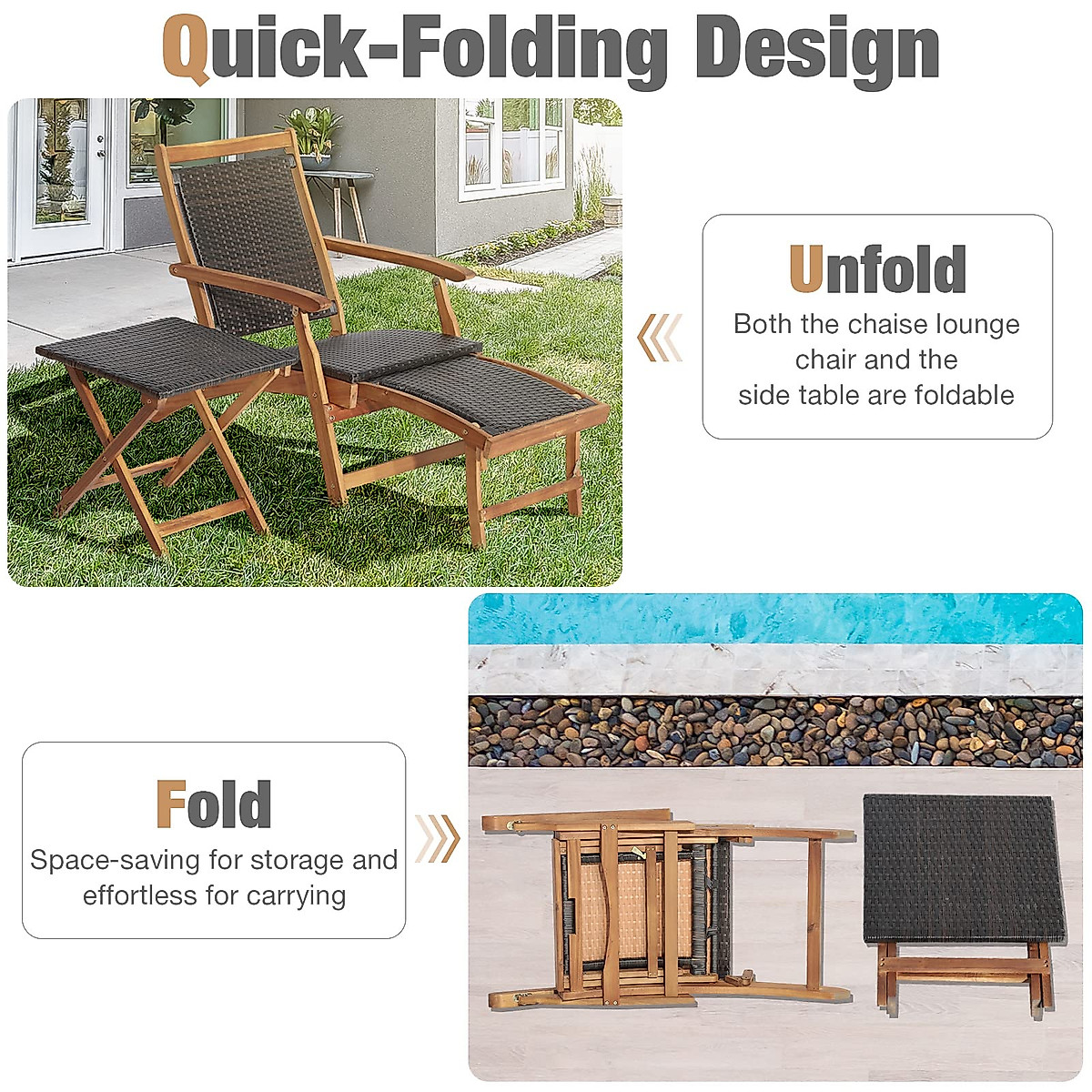 RELAX4LIFE Patio Lounge Chair Set - Outdoor Acacia Wood Chaise Lounge w/Side Table, Armrest & Retractable Ottoman, Rattan Seat, Tabletop, Quick Folding Sunbathing Chair for Backyard, Poolside (2)
