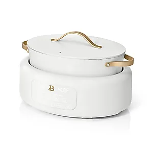 10-in-1 6qt Electric Multi-Cooker by Drew Barrymore, 7 Functions, Touch-Activated Display, Oven-Safe Pot & Lid, Stainless Steel Handles (White Icing)