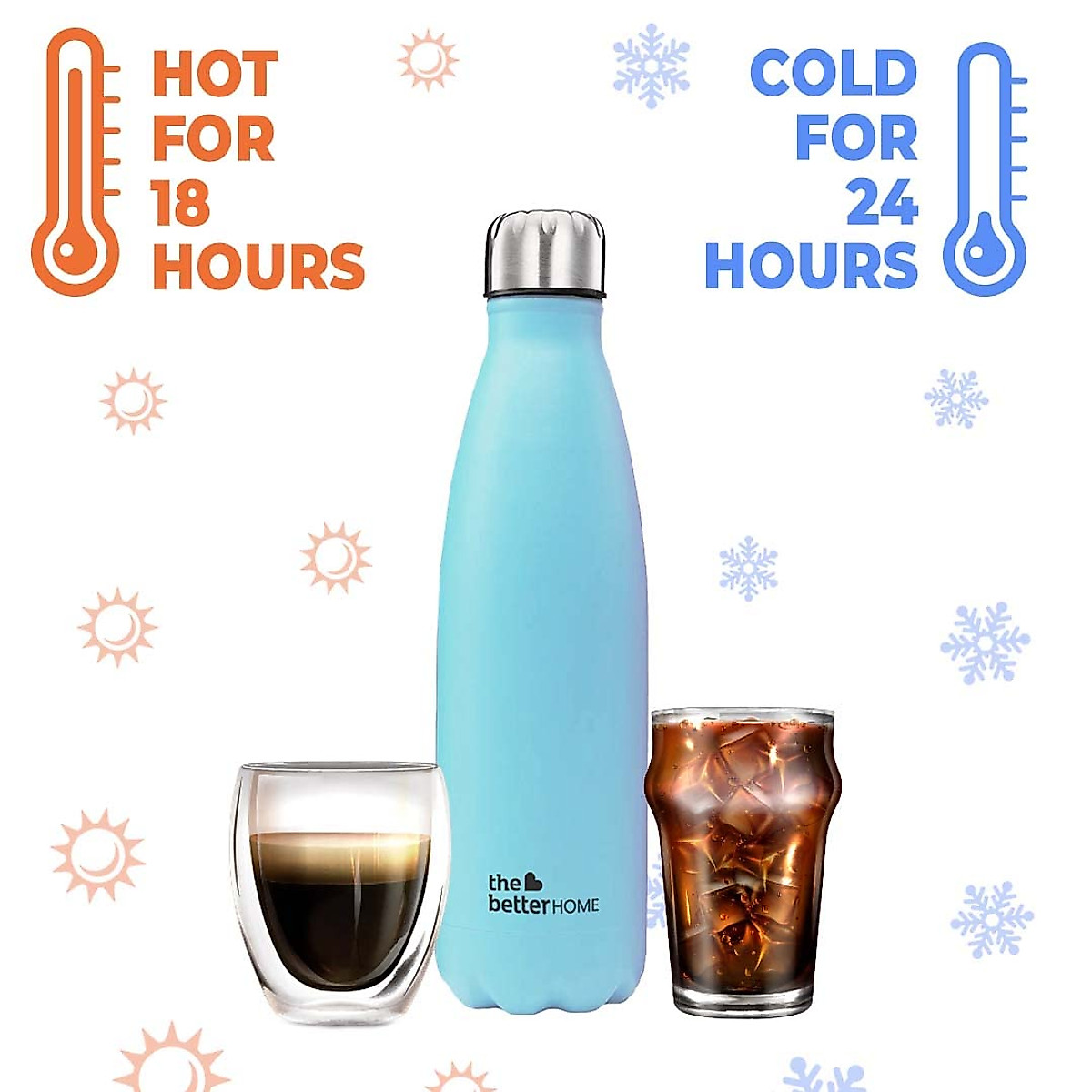 The Better Home 500 Stainless Steel Insulated Water Bottle 500ml | Thermos Flask 500ml | Hot and Cold Steel Water Bottle 500ml | Food Grade & BPA Free Insulated Water Bottles (Pack of 2)