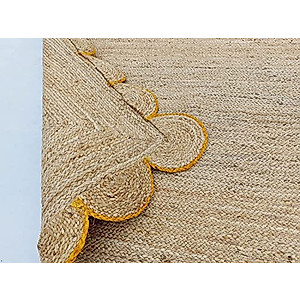 THE PIKKU INTERNATIONAL - Handmade Jute Rug Beige with Scallop Yellow Border Rectangle Hand Woven Farmhouse Jute Area Rug (7 x 11 ft)