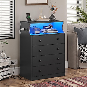 DICTAC Black Drawer Dresser for Bedroom with LED Lights, Chest of 4 Drawers with Charging Station, Tall Dresser with Large Storage Space, Wooden Storage Tower Organizer