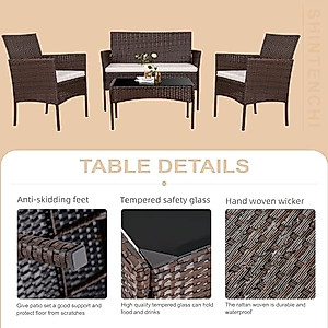 Shintenchi 4 Piece Outdoor Patio Furniture Sets, Small Wicker Patio Conversation Furniture Rattan Chair Set with Tempered Glass Coffee Table for Backyard Porch Garden Poolside Balcony