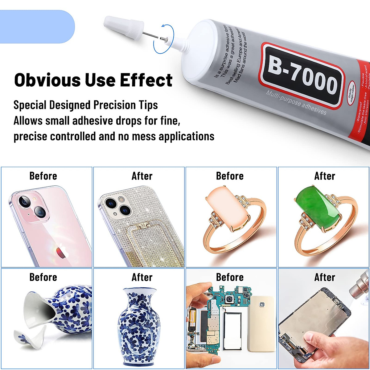B-7000 Clear Glue Adhesive for Crafting, Industrial Strength Semi Fluid B7000 Glue with Precision Applicator Tips, Art Dotting Stylus Pens for DIY Rhinestone Jewelry Bead Making(2 PCS, 50 ML/ 2.1 oz)