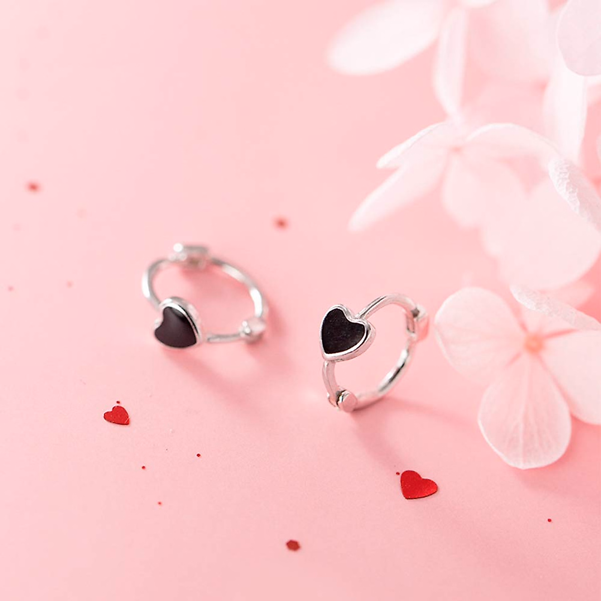 Black Heart Small Hoop Earrings S925 Sterling Silver Minimalist Cartilage Tragus Round Huggie Hoops 10mm Statement Earring Cute Jewelry Gifts for Women Girls Hypoallergenic