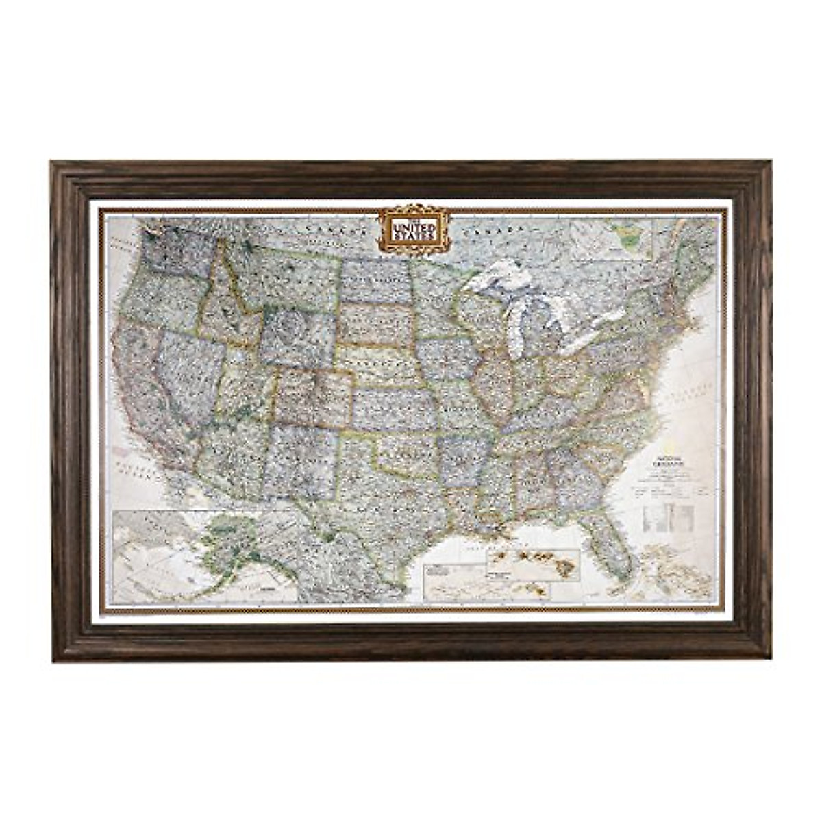 Executive US Push Pin Travel Map with Solid Wood Brown Frame and Pins - 27.5 inches x 39.5 inches