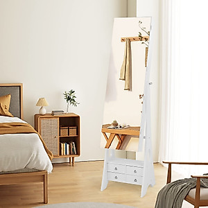 GOFLAME Jewelry Cabinet Freestanding, LED Lighted Jewelry Armoire with Full-length Frameless Mirror, Foldable shelf, 6 Drawers, Lockable Mirrored Jewelry Cabinet with 3 Adjustable Angle (White)