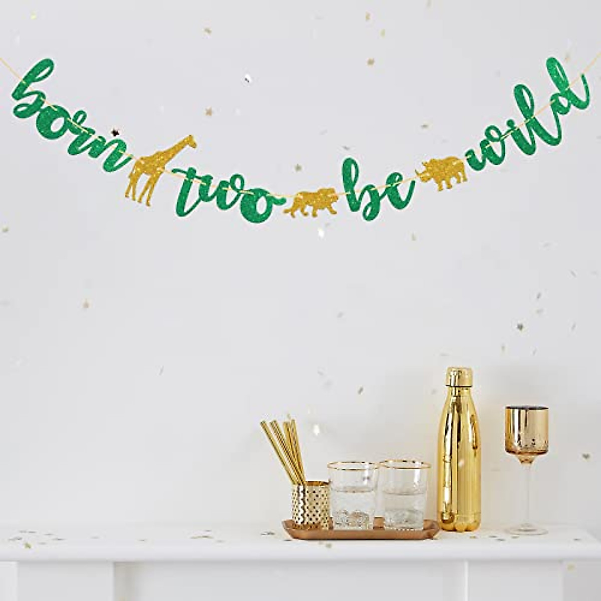 Born Two Be Wild Banner, 2nd Birthday Supplies, Jungle Theme Party Banner Sign, Green Glitter Baby Shower Party Decorations, Cheers to Two Years Old Party Hanging Banner