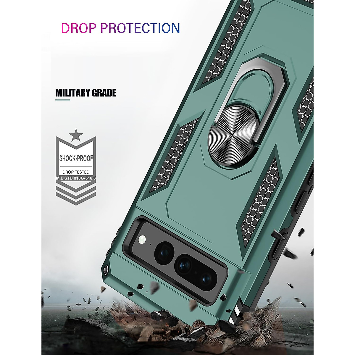 IKAZZ Suitable for Google Pixel 7 Pro Case,Military Grade Shockproof Heavy Duty Protective Phone Cover Pass 16ft Drop Test with Magnetic Kickstand Car Mount Holder Pine Green
