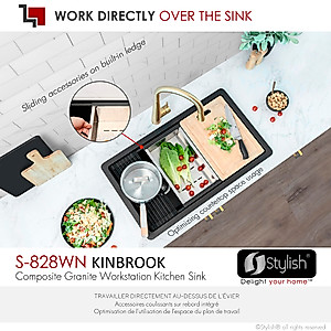 STYLISH 28 x 18 inch Workstation Dual Mount Granite Composite Single Bowl Reversible Kitchen Sink with Regular Strainer, Colander, Drying Rack and Cutting Board (Black) S-828WN
