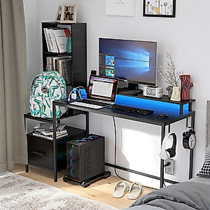 RUPOLX Black Desk with File Drawers, Computer Desk with Power Outlet and Monitor Shelf, Home Office Desk with Storage Shelves, Gaming Desk with Led Lights