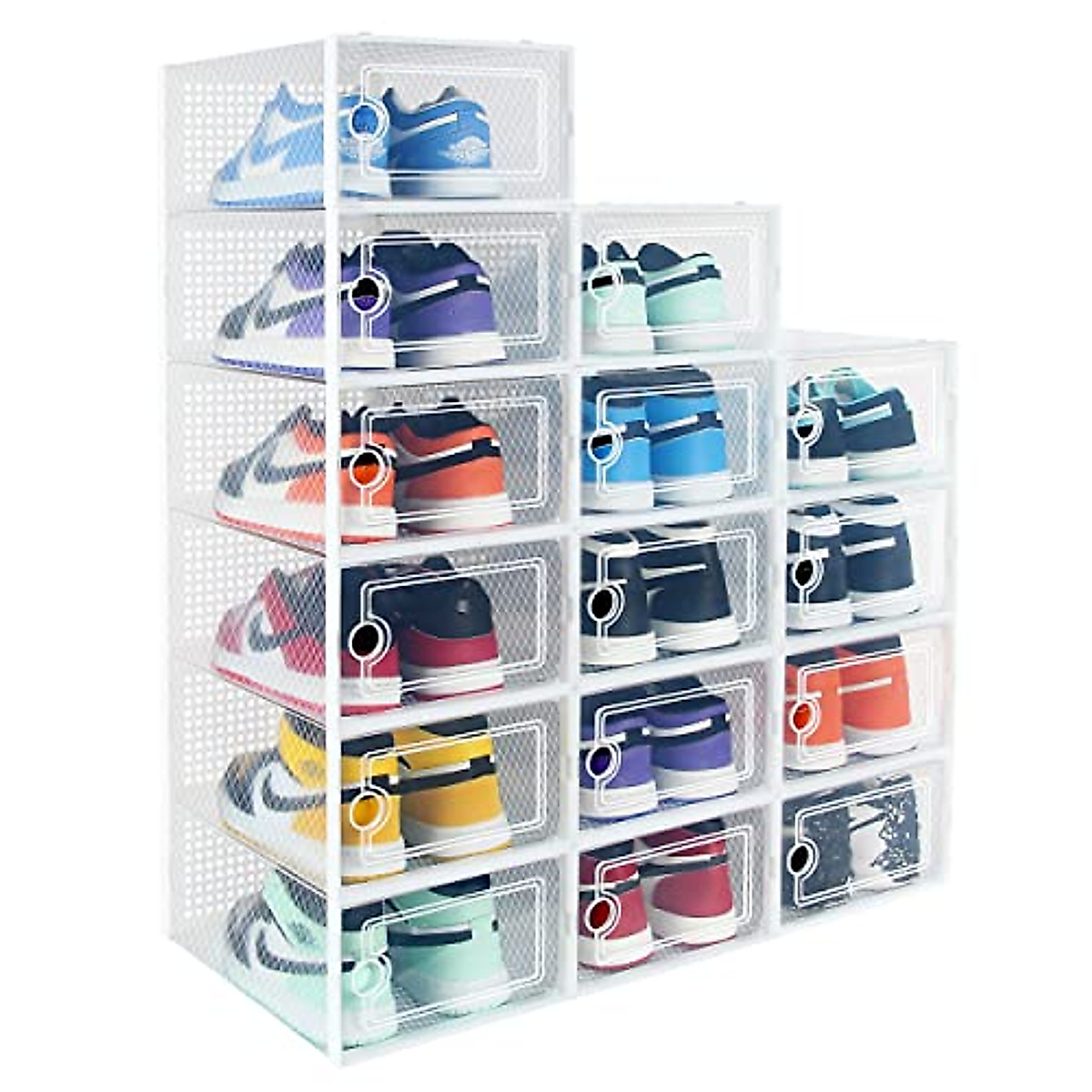 Hrrsaki 15 Pack Foldable Shoe Storage Boxes, Shoe Boxes Clear Plastic Stackable, Shoe Organizer Boxes with Front Opening Lids, Ventilation and Dust-proof, Shoe Container Boxes for Closet, Bedroom, Bathroom, Fit for Women/Men Size 9(13” x 9” x 5.5”) (white