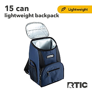 RTIC Lightweight Backpack Cooler, Navy& Black, 15 Can, Portable Insulated Bag, for Men& Women, Great for Day Trips, Picnics, Camping, Hiking, Beach, or Park