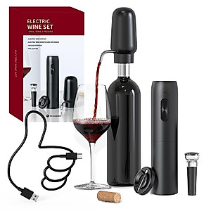 CIRCLE JOY Electric Wine Opener Set 4-in-1 Wine Set with Rechargeable Wine Opener, Rechargeable Wine Aerator Pourer, Foil Cutter and Vacuum Wine Stopper, Gift Set for Wine Lovers, Black