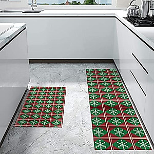 Miaklek Christmas Snowflakes Kitchen Mats for Floor Anti Fatigue Mats for Kitchen Floor Kitchen Rugs Cushioned Mats Non Slip Comfort Standing Kitchen Rugs Set of 2, Red and Green Rhombus Lattice