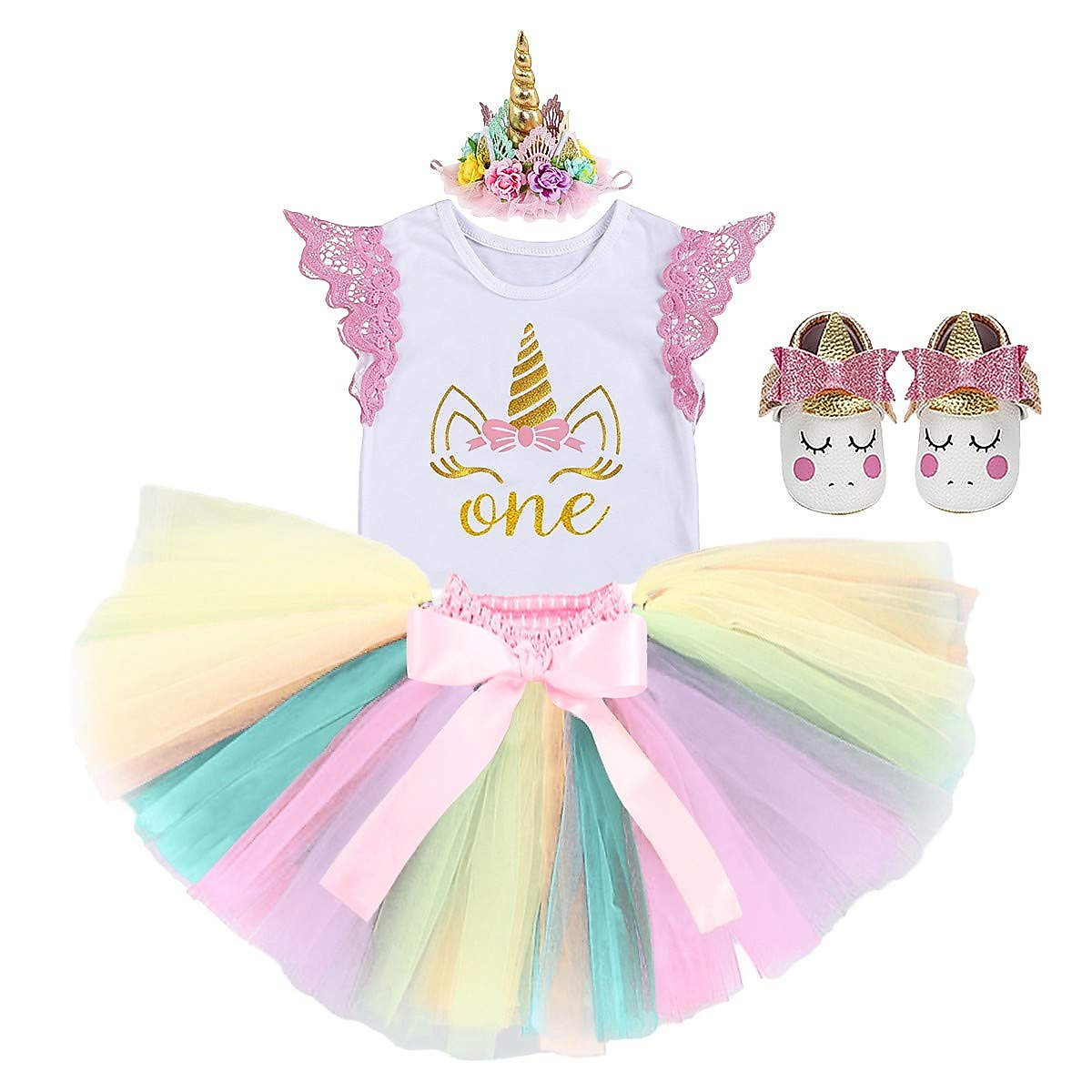 MYRISAM Baby Girls Birthday Cake Smash Unicorn Outfits Princess Romper Bodysuit Rainbow Skirt Unicorn Headband Shoes