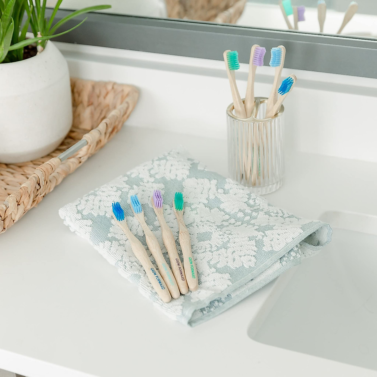 Grow Forward Premium Bamboo Toothbrushes Medium Bristles Toothbrushes - Manual Toothbrush Pack of 8 - Aesthetic Wooden Look - Natural Eco Friendly Sustainable Biodegradable Adult Tooth Brush