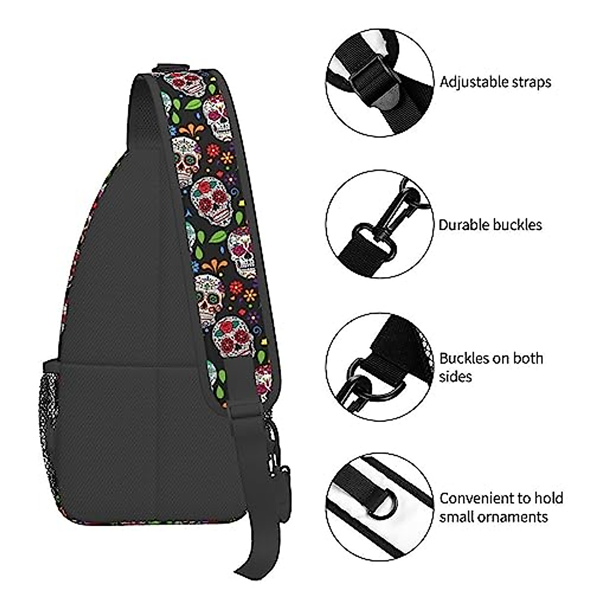qyopvli Sugar Skull Sling Bag Crossbody Backpack Hiking Travel Daypack Chest Bag Lightweight Shoulder Bag For Women Men