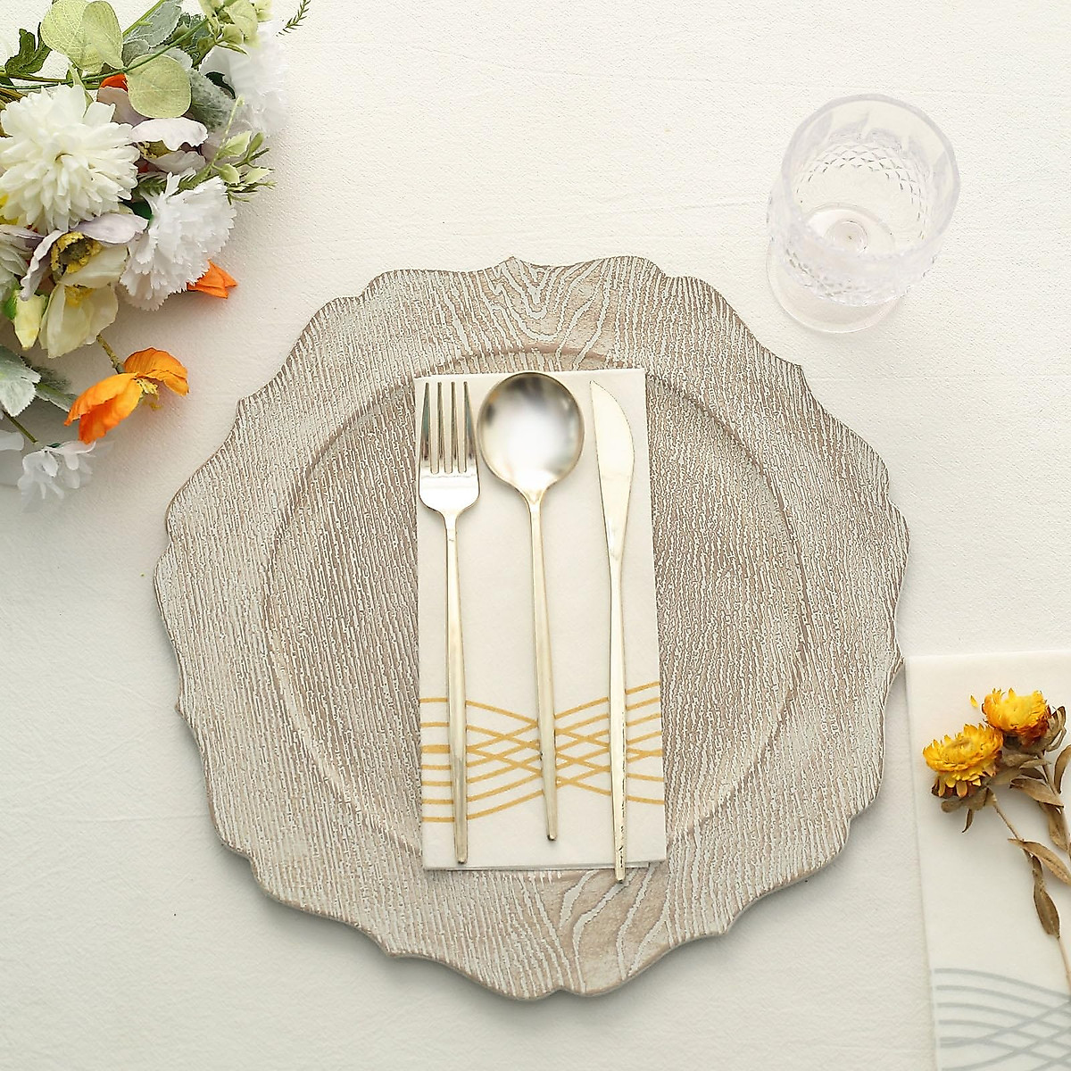 Efavormart 6 Pack | 13" Rustic White Wooden Textured Acrylic Charger Plates With Scalloped Rim