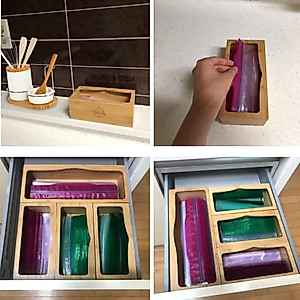 Rowoony - Ziplock Bag Storage Organizer for Kitchen Drawer - Bamboo Kitchen Organizer - Baggie Holder - Gallon, Quart, Sandwich and Snack Size (4Pack)