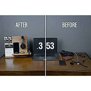 WUTCRFT - Wood Docking Station/Nightstand Organizer with Headphone Stand, Smart Watch Charging Slot, Photo Holder, and Accessory Holder, Perfect for Desk Organizer/Gifts for Men (Dark)