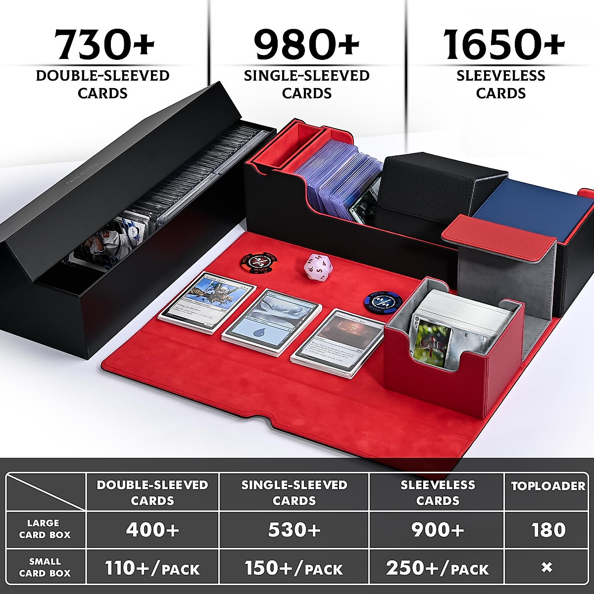 ZLCA Card Deck Box for MTG TCG Cards, 1500+ Premium Trading Card Storage Box with Dice Tray, with 3 PCS Card Deck Cases fit 110+ Double Sleeved Cards, for Sports Card Gift (Black&Red Set)