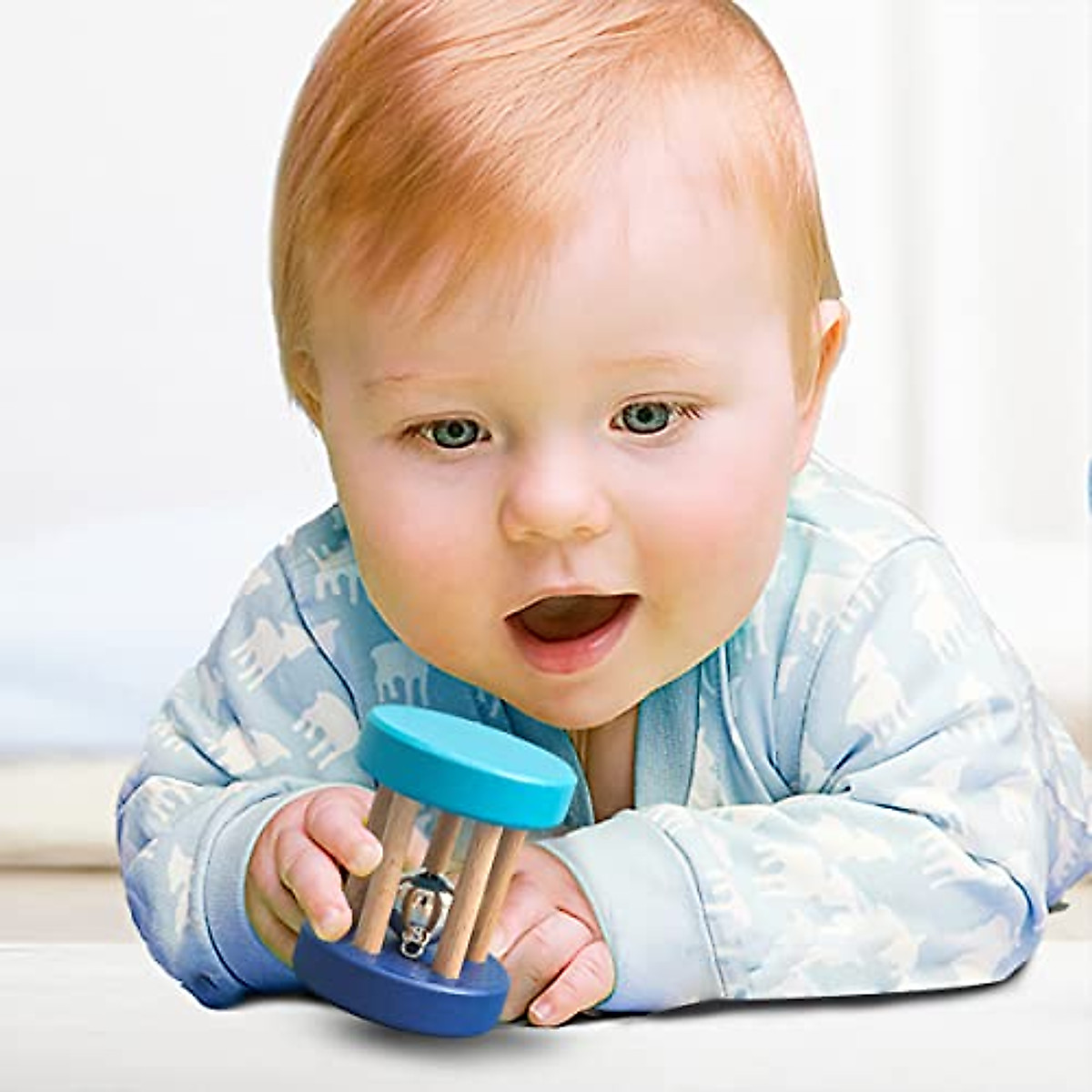 Promise Babe Wooden Rattle Nursing Shower Gifts Montessori Baby Roller Bell Toys Infant Gym Blue