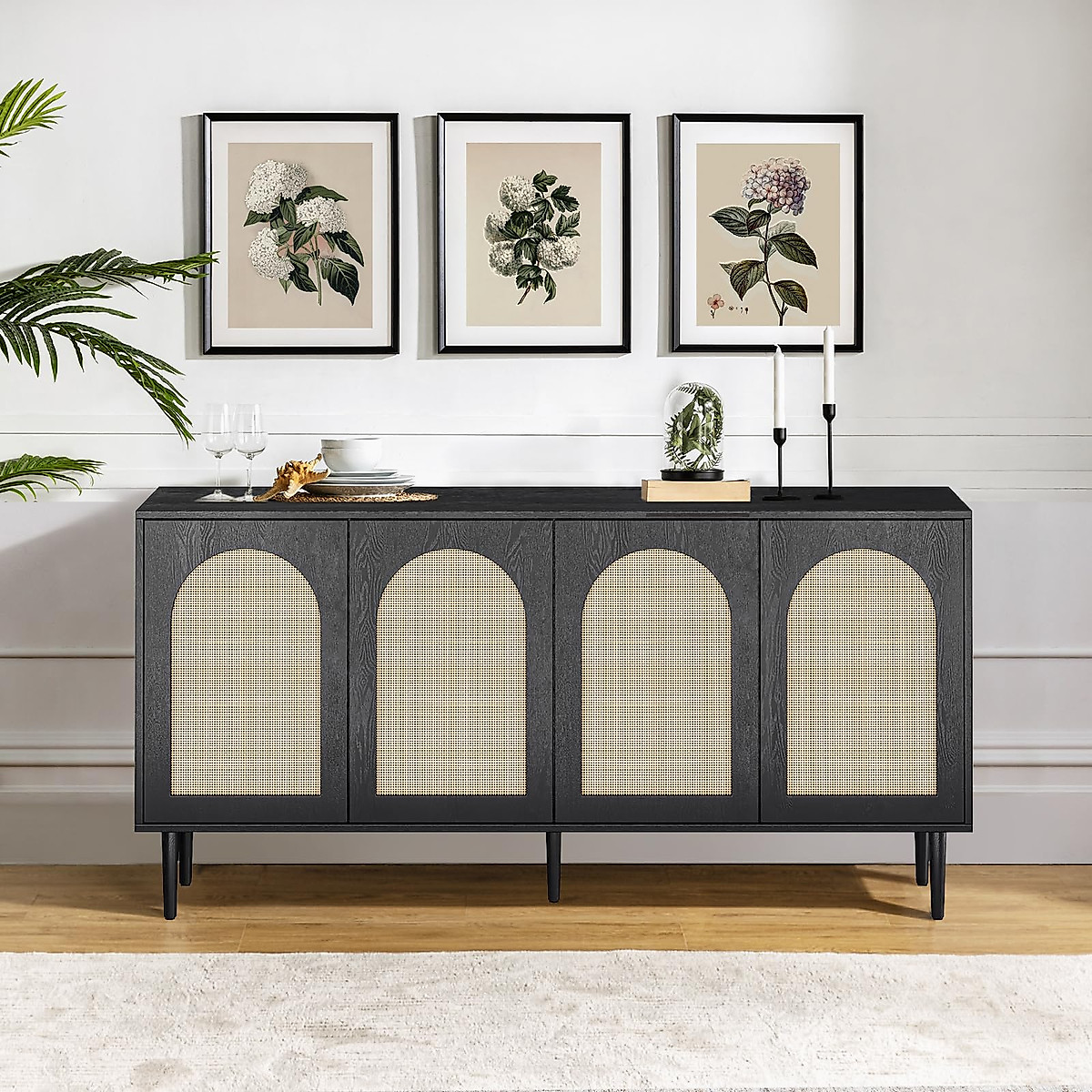 HULALA HOME 63" Wide Sideboard, Modern Sideboard Buffet Storage Cabinet with 4 Doors & 2 Adjustable Shelves, Kitchen Storage Buffet Cabinet Rattan Design, for Hallway, Entryway [Black]